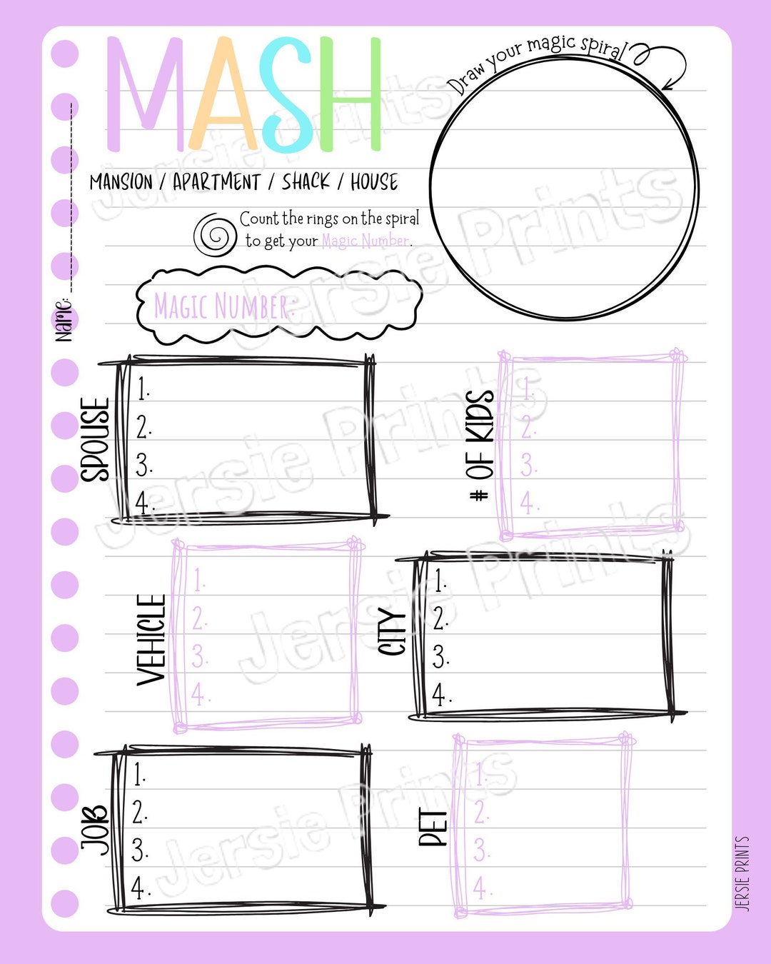 MASH Game Printable / 80's and 90's Game / Future Prediction Game ...