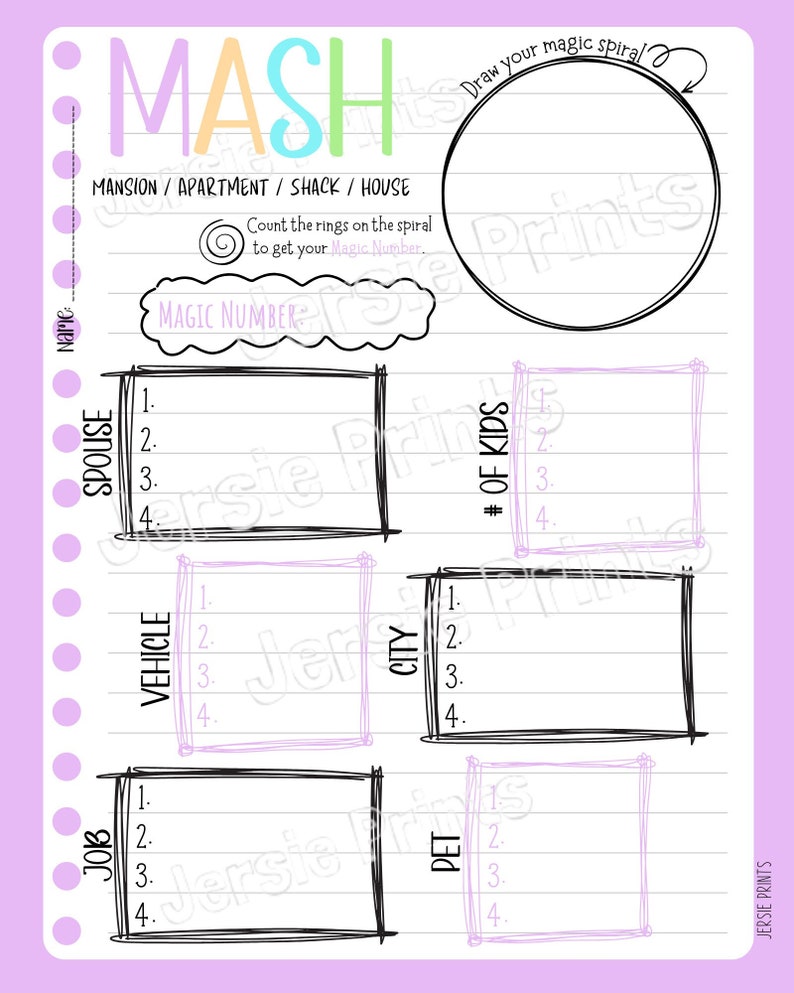 MASH Game Printable / 80's and 90's Game / Future Prediction Game ...