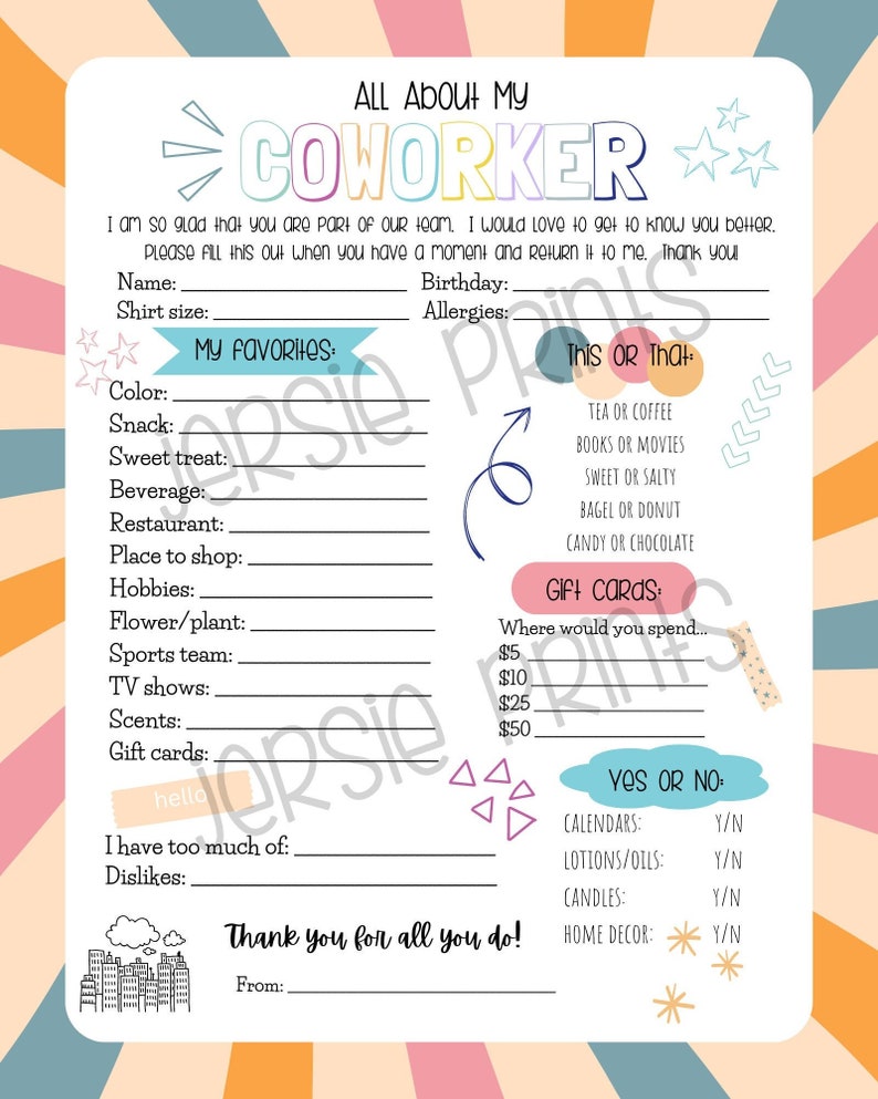 All About My Coworker / Coworker Favorite Things / New Employee / Get ...