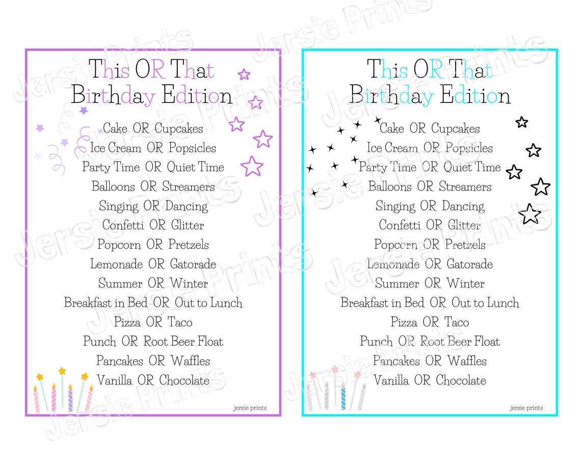 This or That Birthday Edition / Birthday Game / Party Favor / Birthday ...