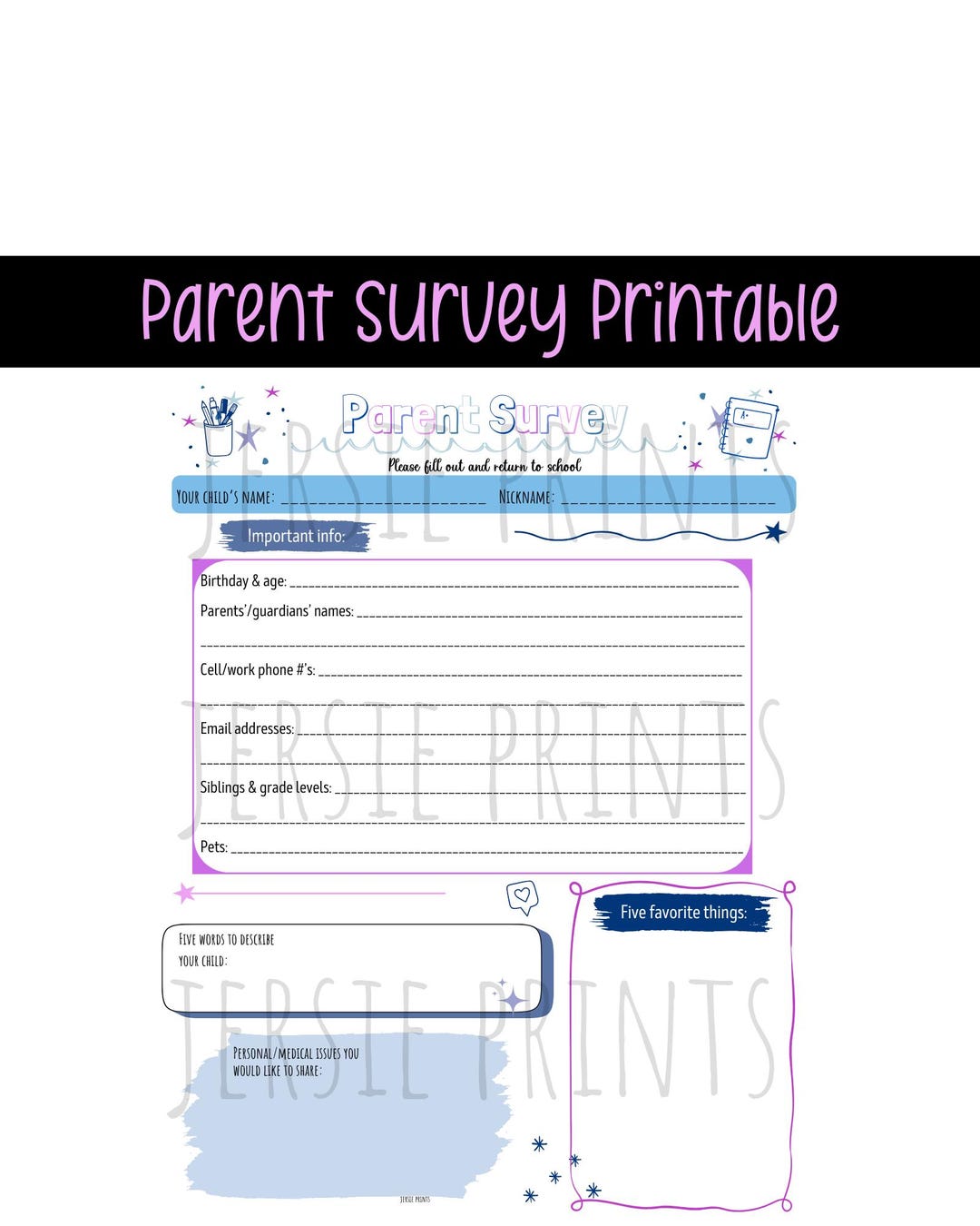 Parent Survey Printable / Teacher Resource / Back to School / Student ...