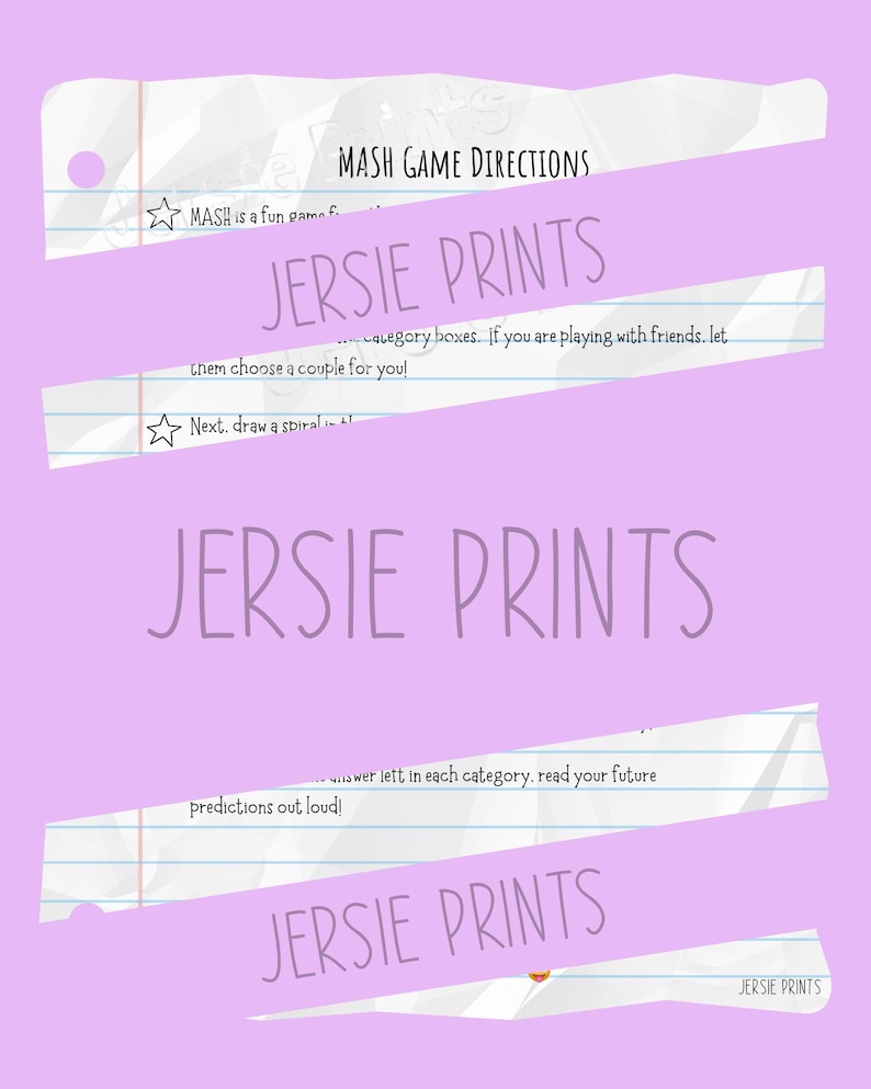 MASH Game Printable / 80's and 90's Game / Future Prediction Game ...