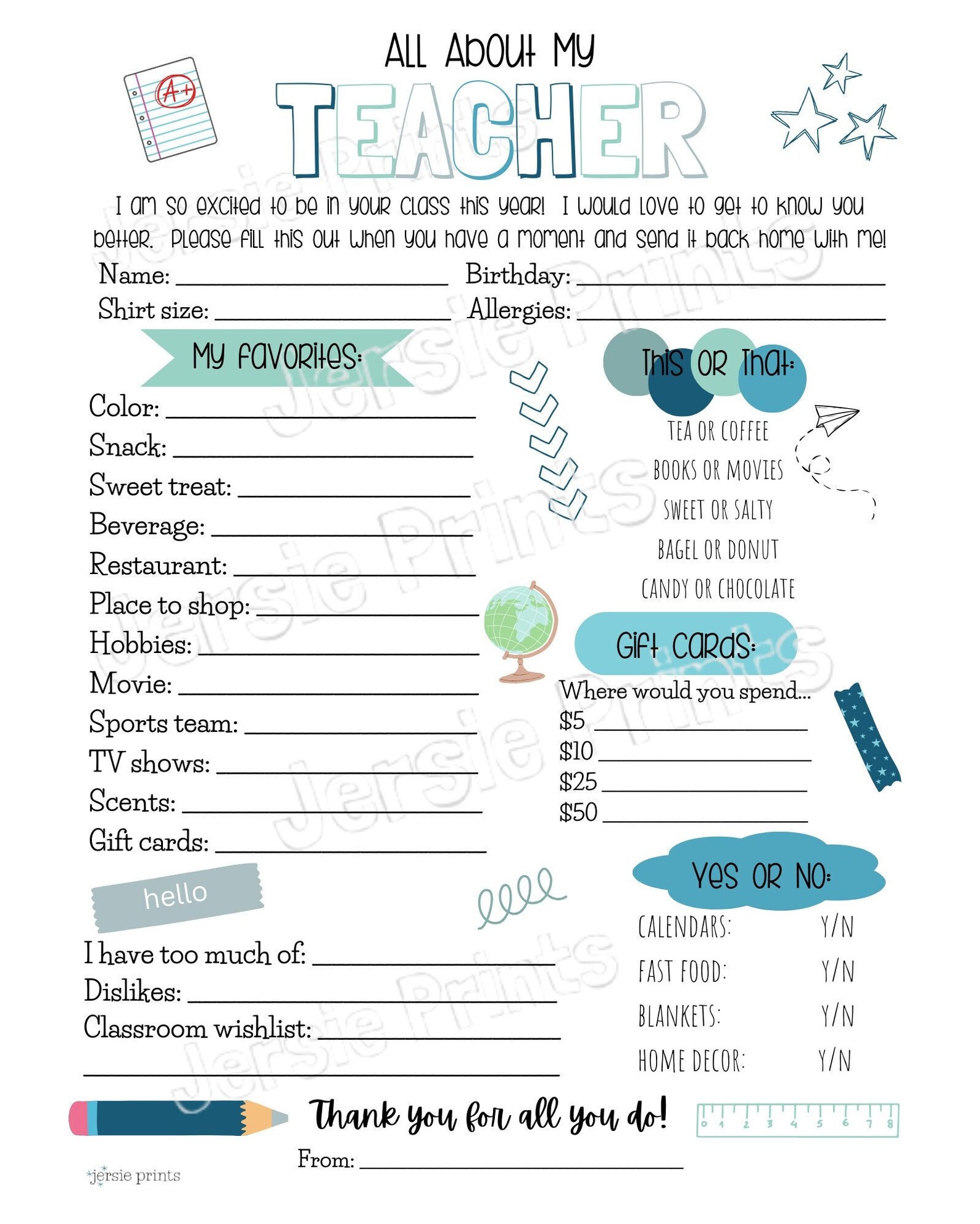 All About My Teacher / Male Teacher / Teacher Favorite Things / Get to ...