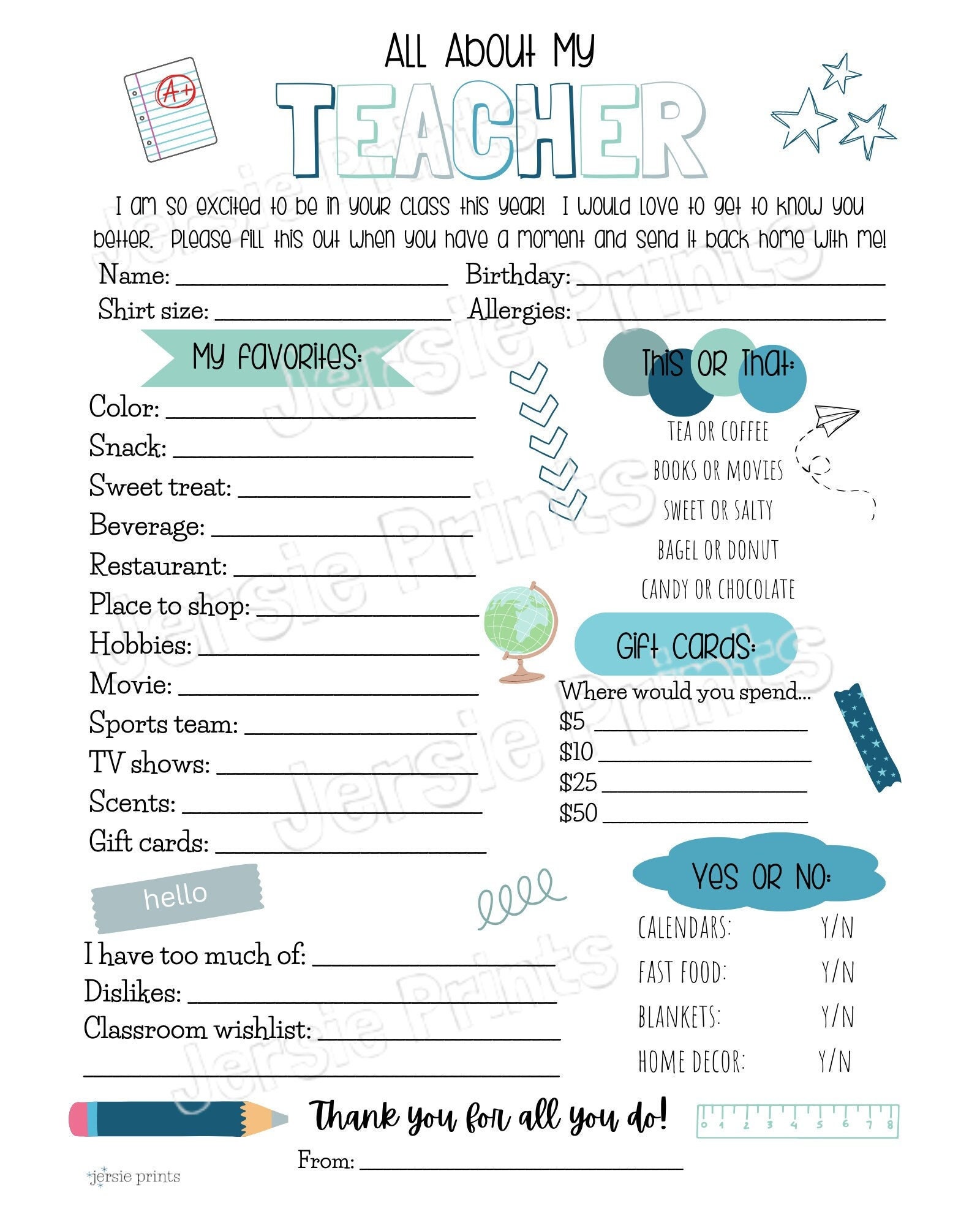 All About My Teacher / Male Teacher / Teacher Favorite Things / Get to ...