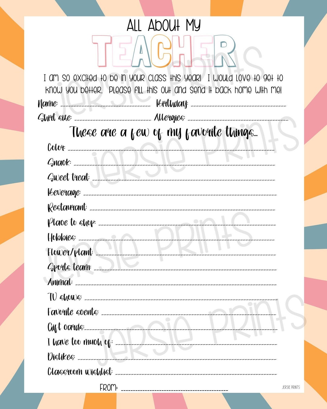 All About My Teacher / Teacher Favorite Things / First Day of School ...