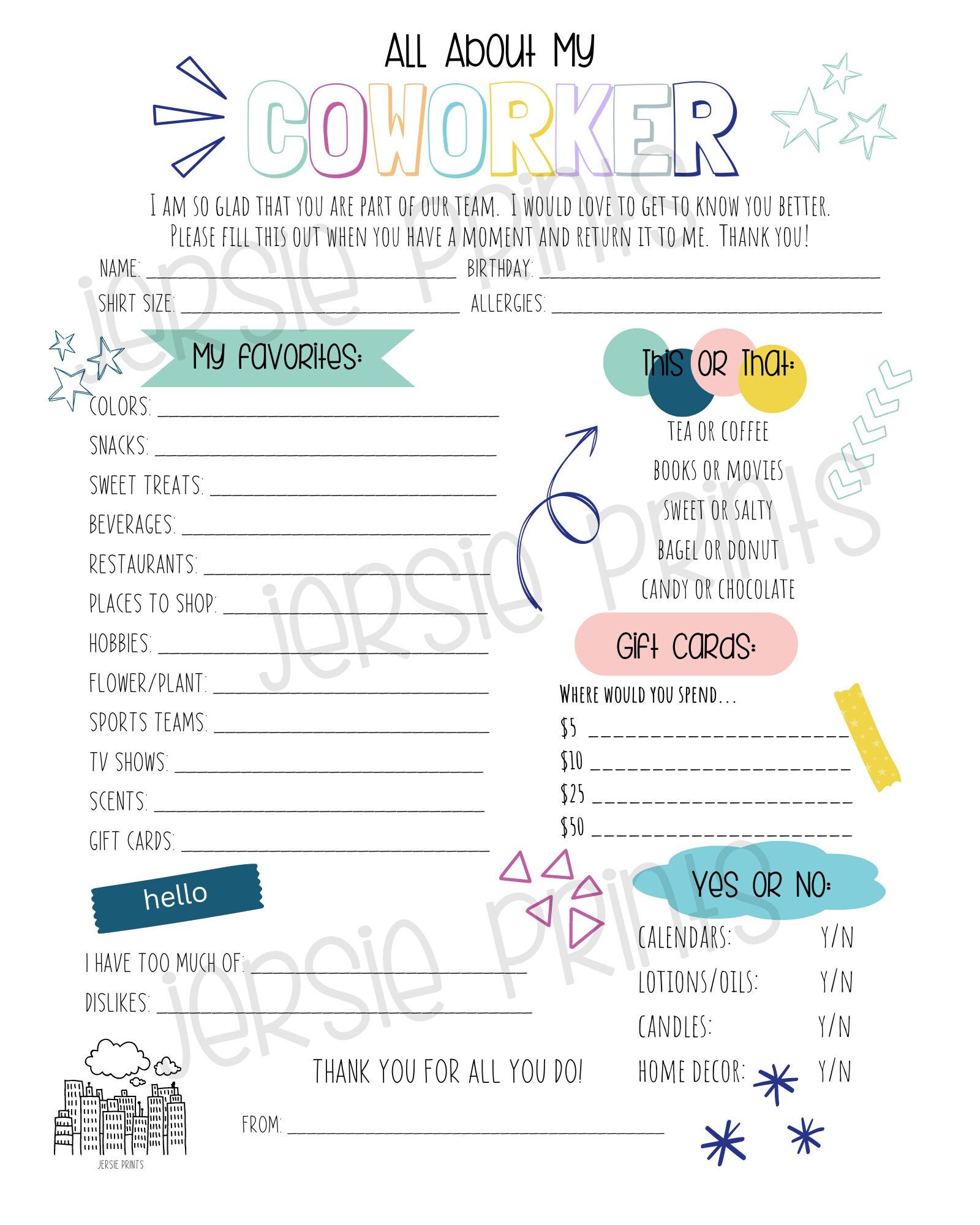 All About My Coworker / Coworker Favorite Things / New Employee / Team ...