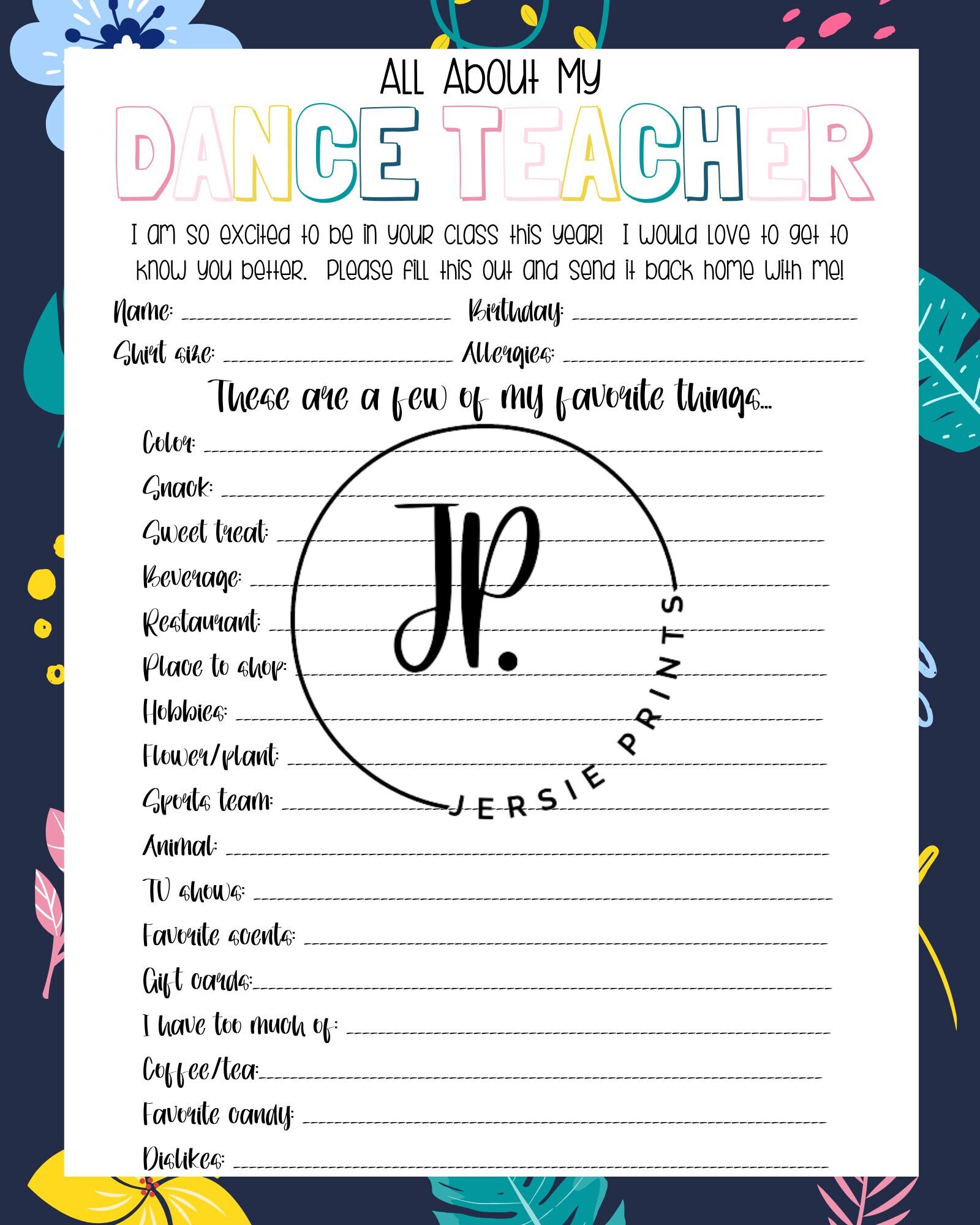 Dance Teacher Info Page / All About My Dance Teacher / First Day of ...