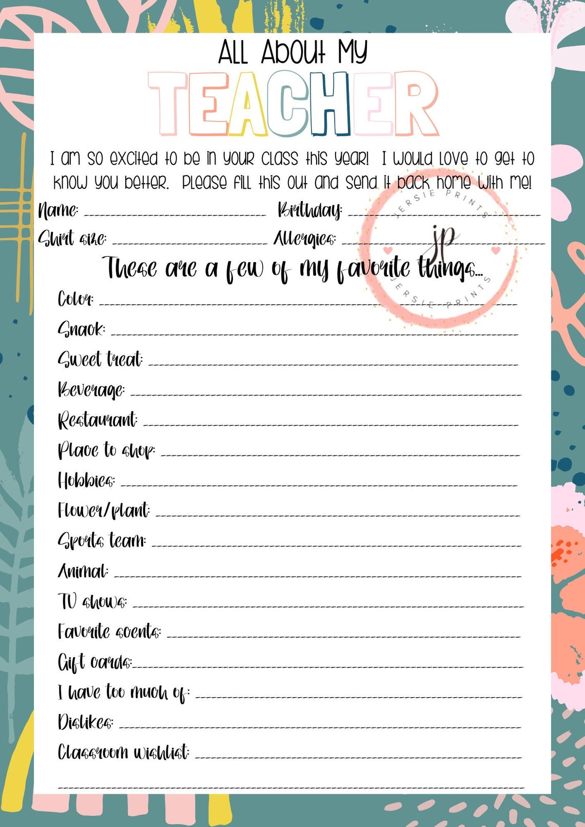 All About My Teacher / Teacher Favorite Things / First Day of - Etsy