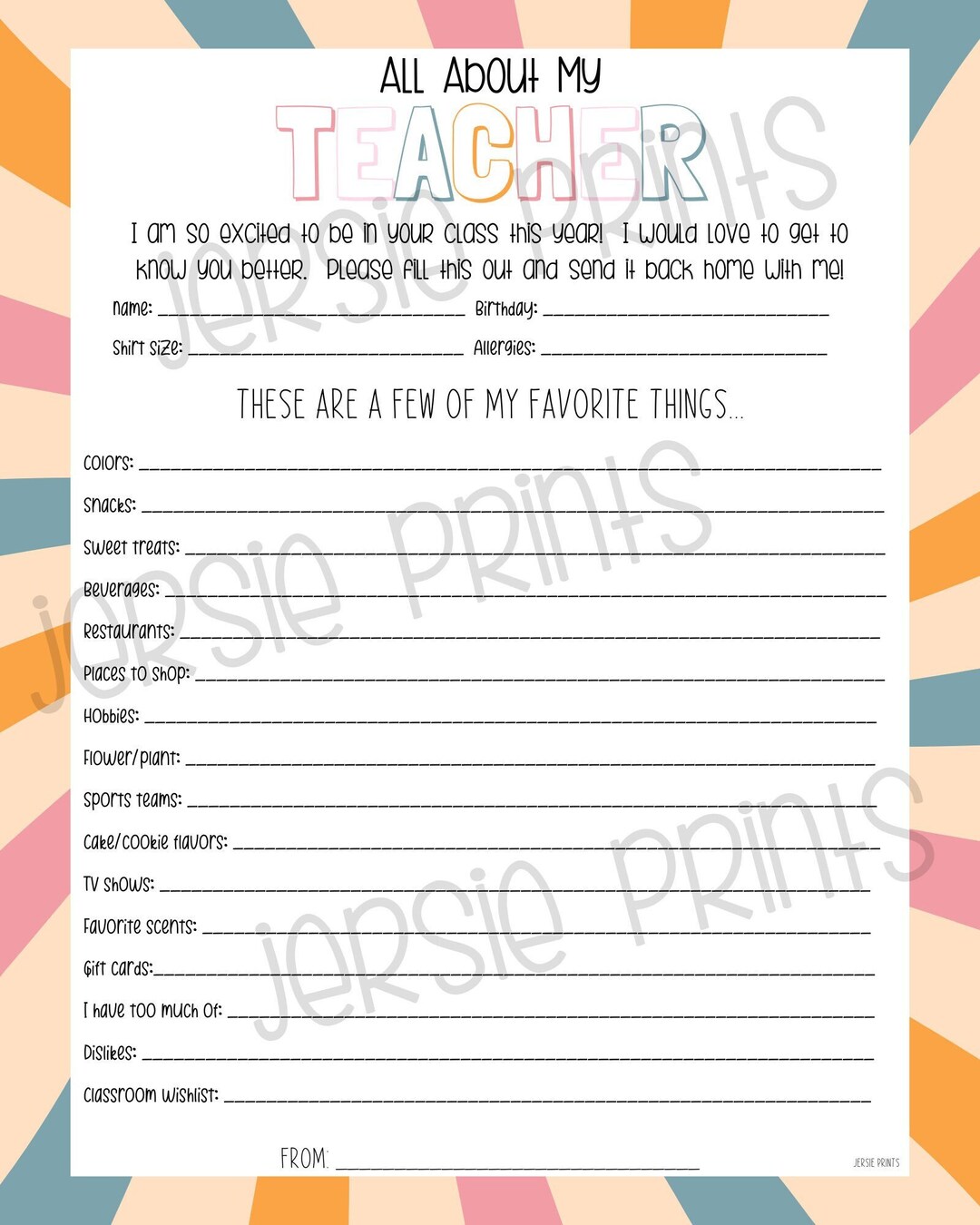 All About My Teacher / Teacher Favorite Things / First Day of School ...