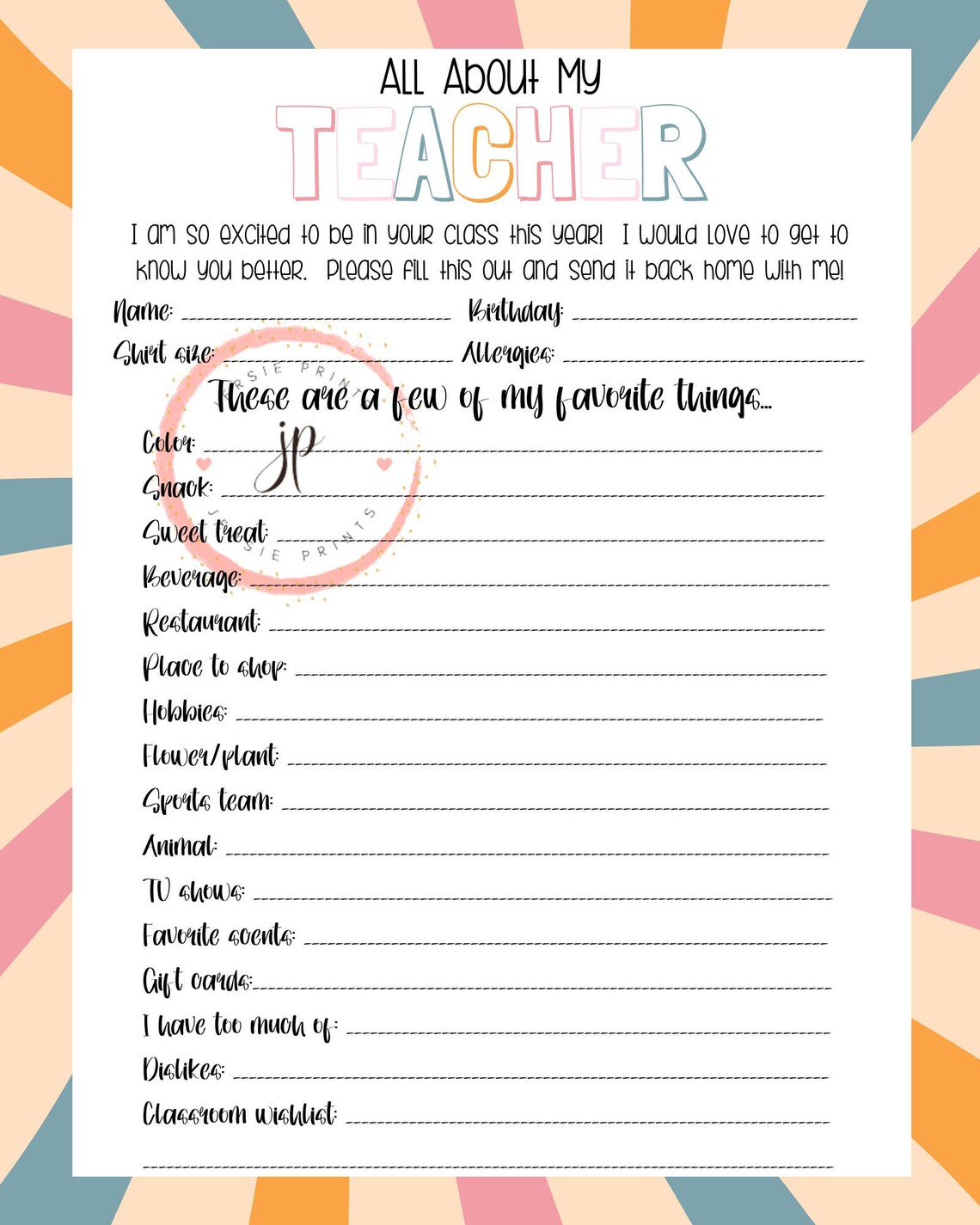 All About My Teacher / Teacher Favorite Things / First Day of - Etsy