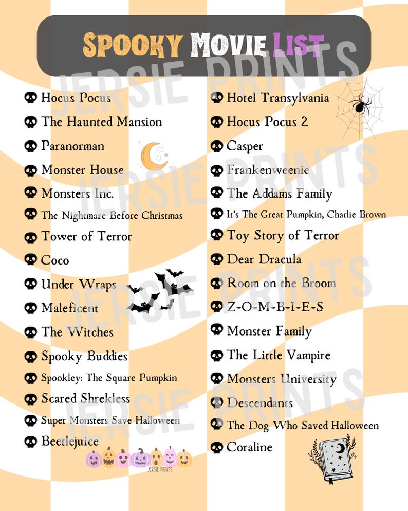 Spooky Movie List / Halloween Movie Printable List / Family Movie Night ...