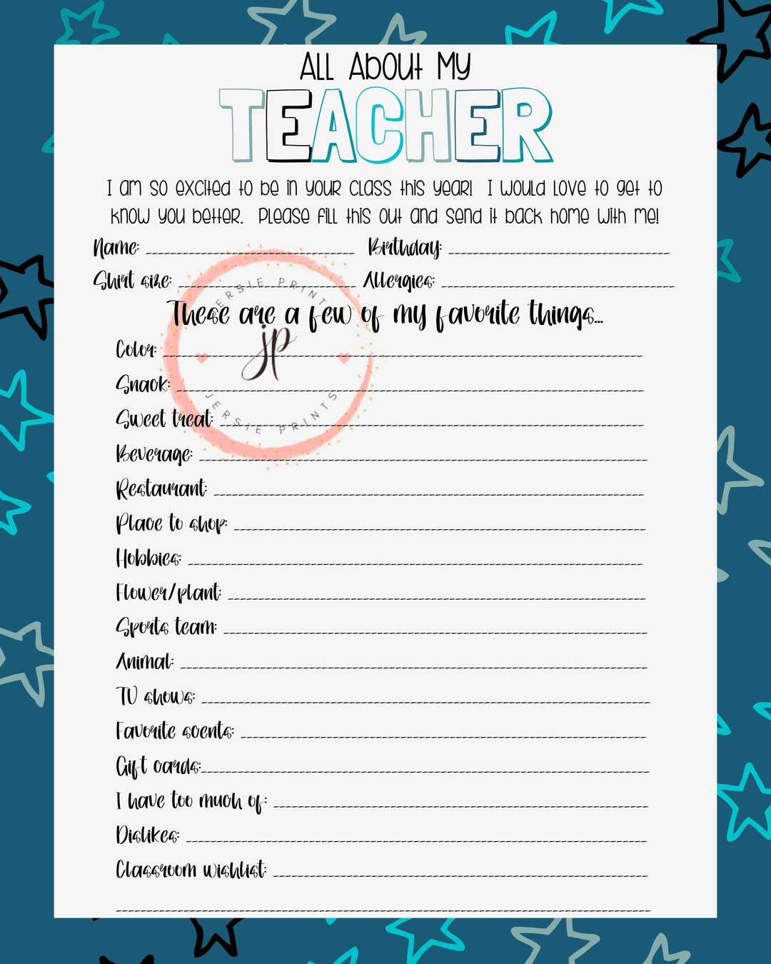 All About My Teacher / Teacher Favorite Things / First Day of - Etsy