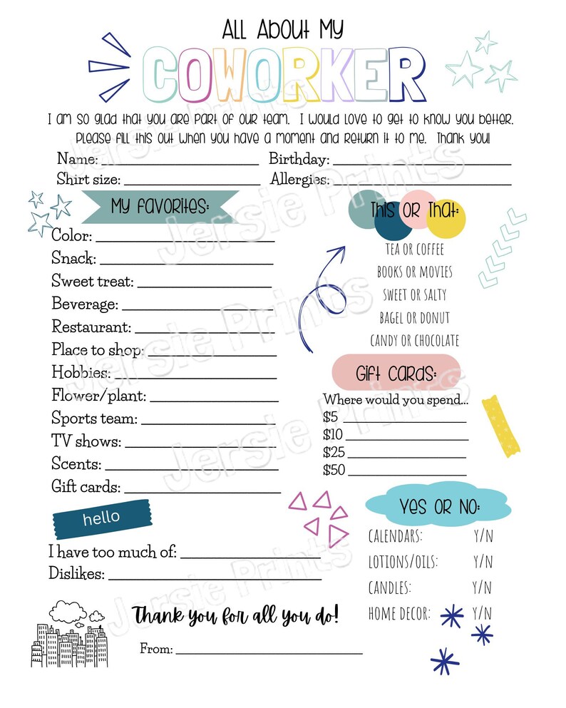 All About My Coworker / Coworker Favorite Things / New Employee / Team ...