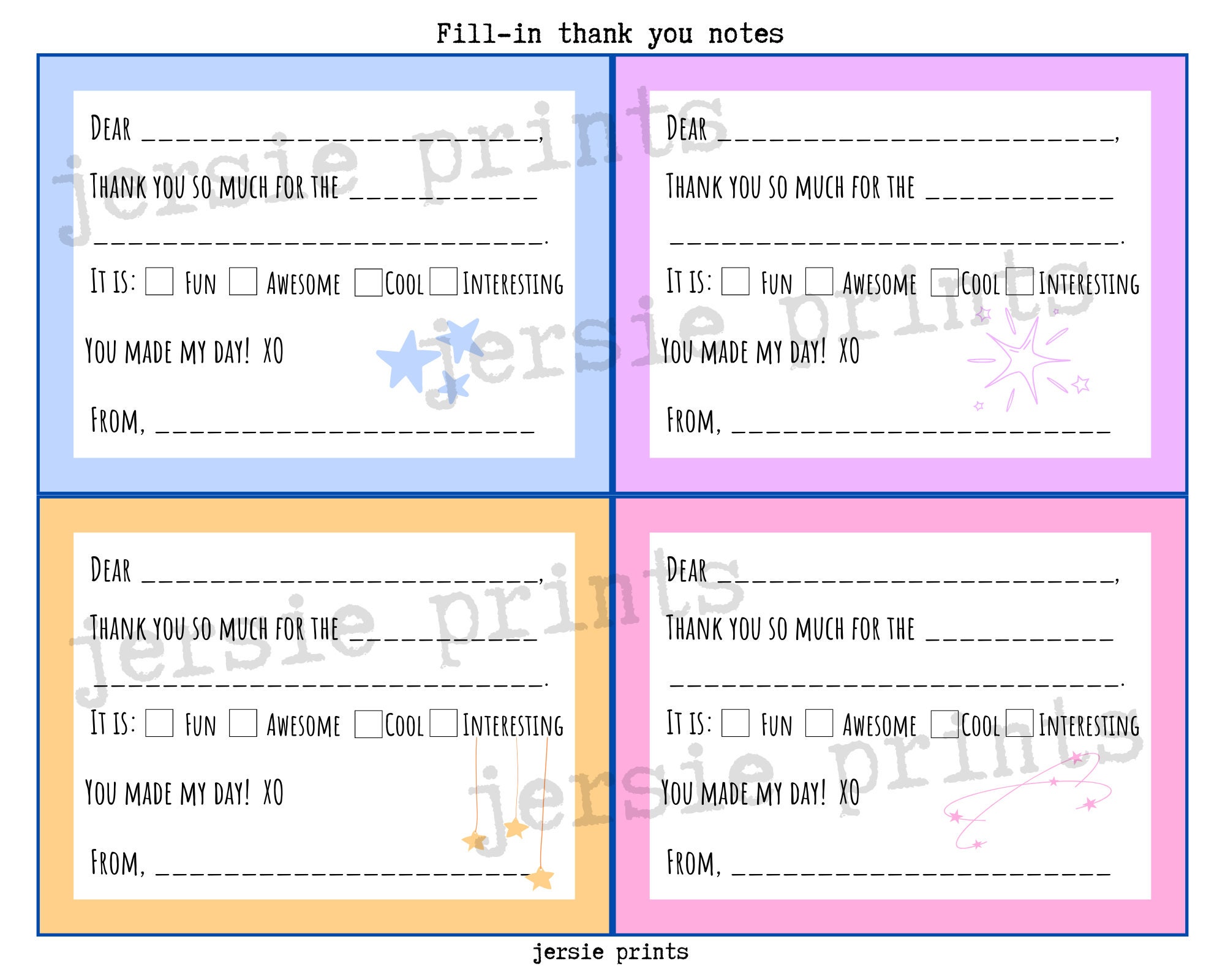 Thank You Note Printable / Fill-in Thank You Card / Birthday / First ...