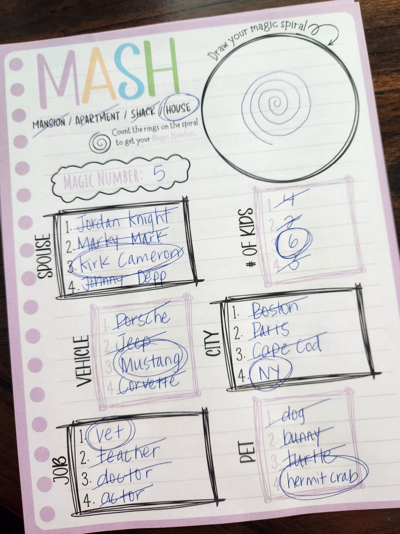 MASH Game Printable / 80's and 90's Game / Future Prediction Game ...