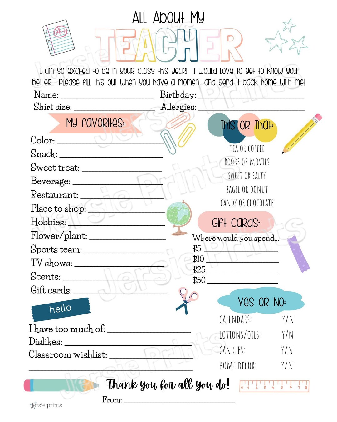 All About My Teacher / Teacher Favorite Things / First Day of School ...