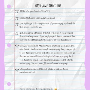 MASH Game Printable / 80's and 90's Game / Future Prediction Game ...