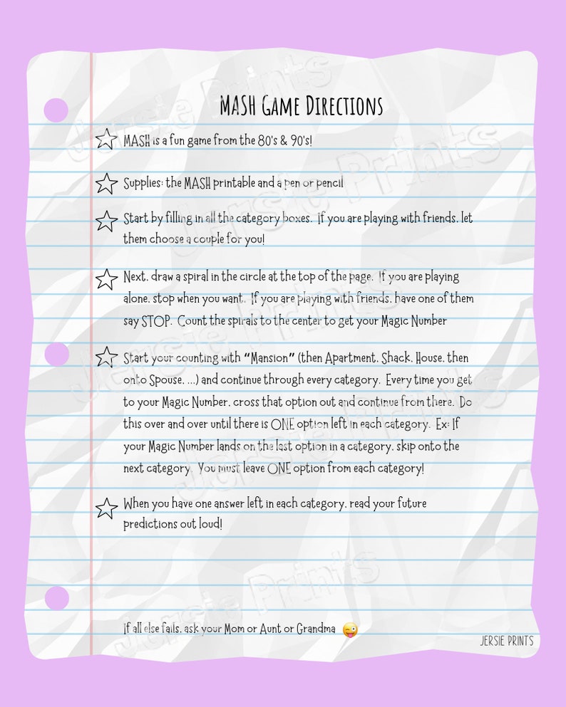 MASH Game Printable / 80's and 90's Game / Future Prediction Game ...