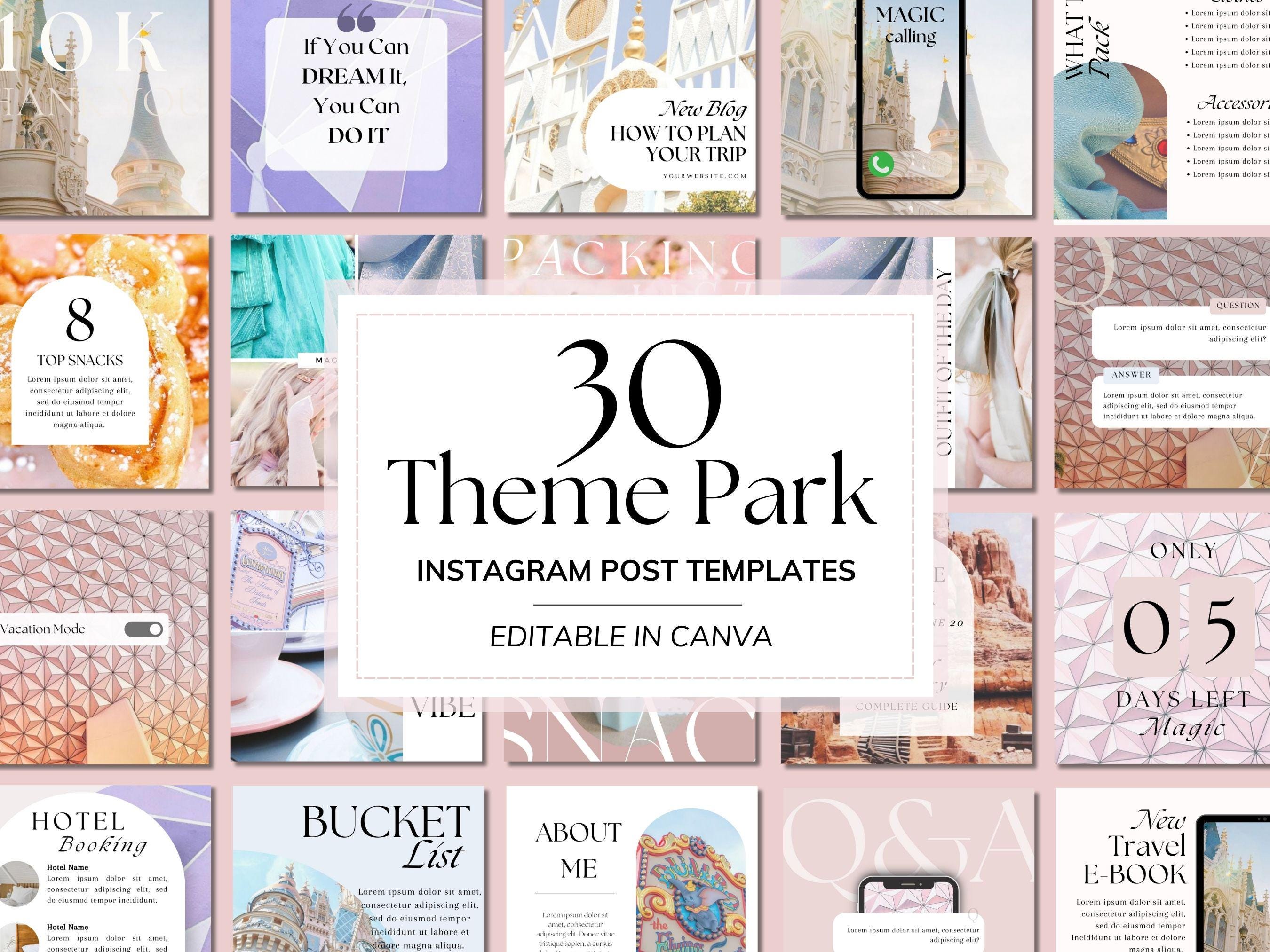 30 Theme Park Instagram Post Templates for Canva | Editable Theme Park ...