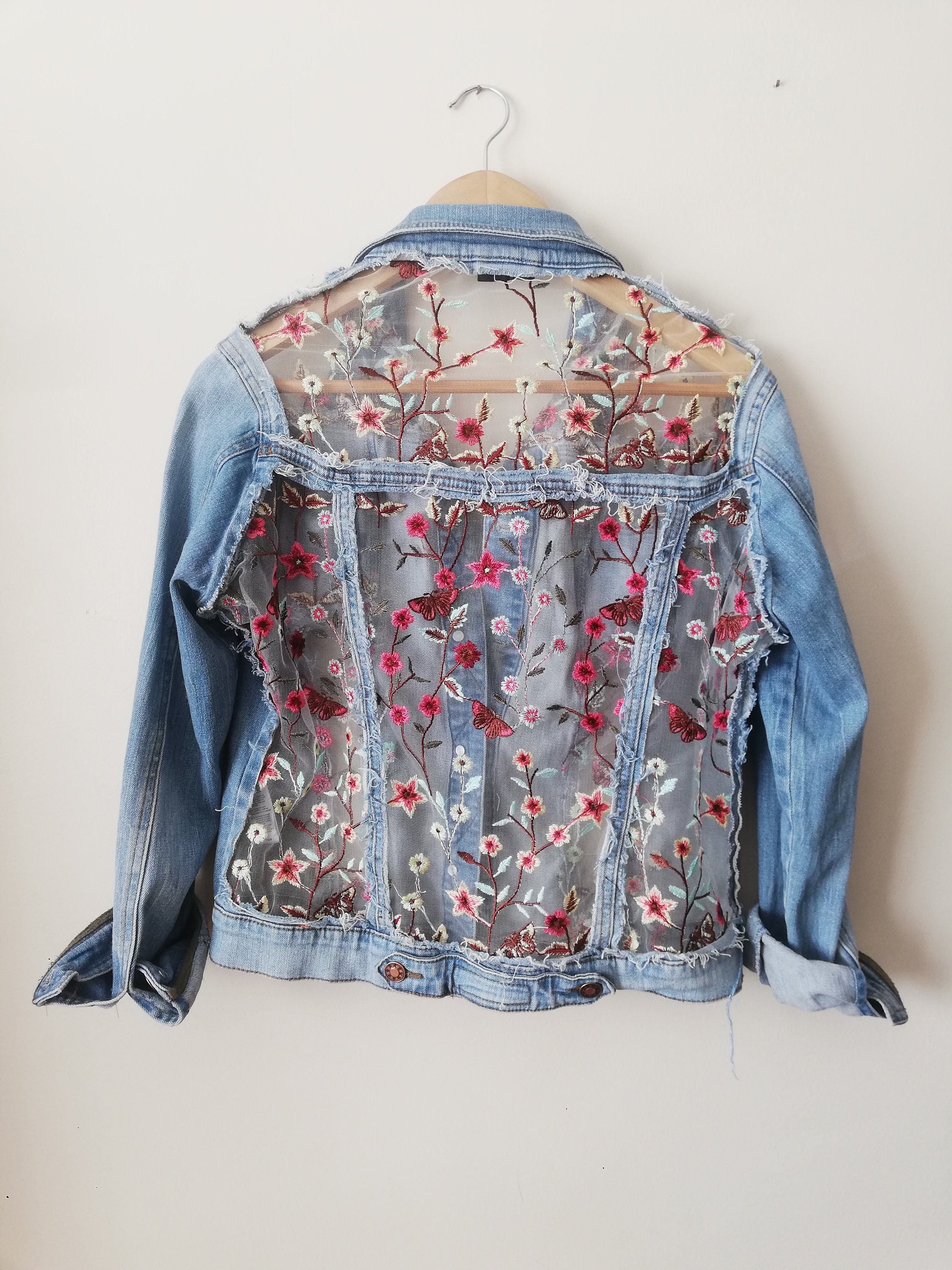 Upcycled Sheer Flower Lace Denim Jacket , Lacedenim Jacket , Wedding ...
