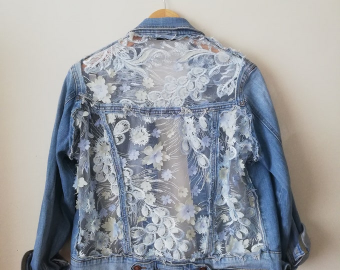 Upcycled Sheer Flower Lace Denim Jacket , Boho Denim Jacket , Wedding ...