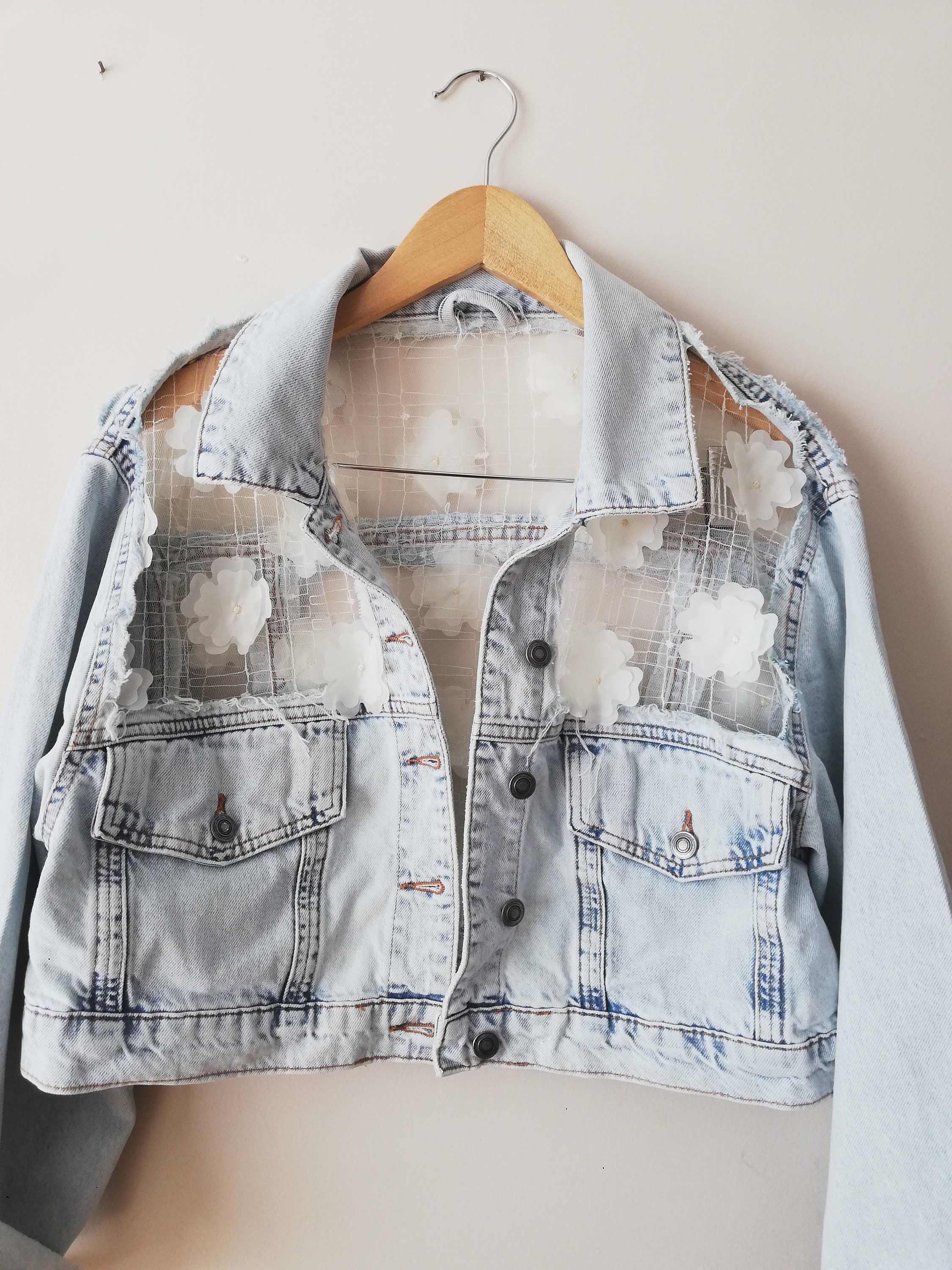 Upcycled Sheer 3D Lace Denim Jacket , Lacedenim Jacket , Wedding Denim ...