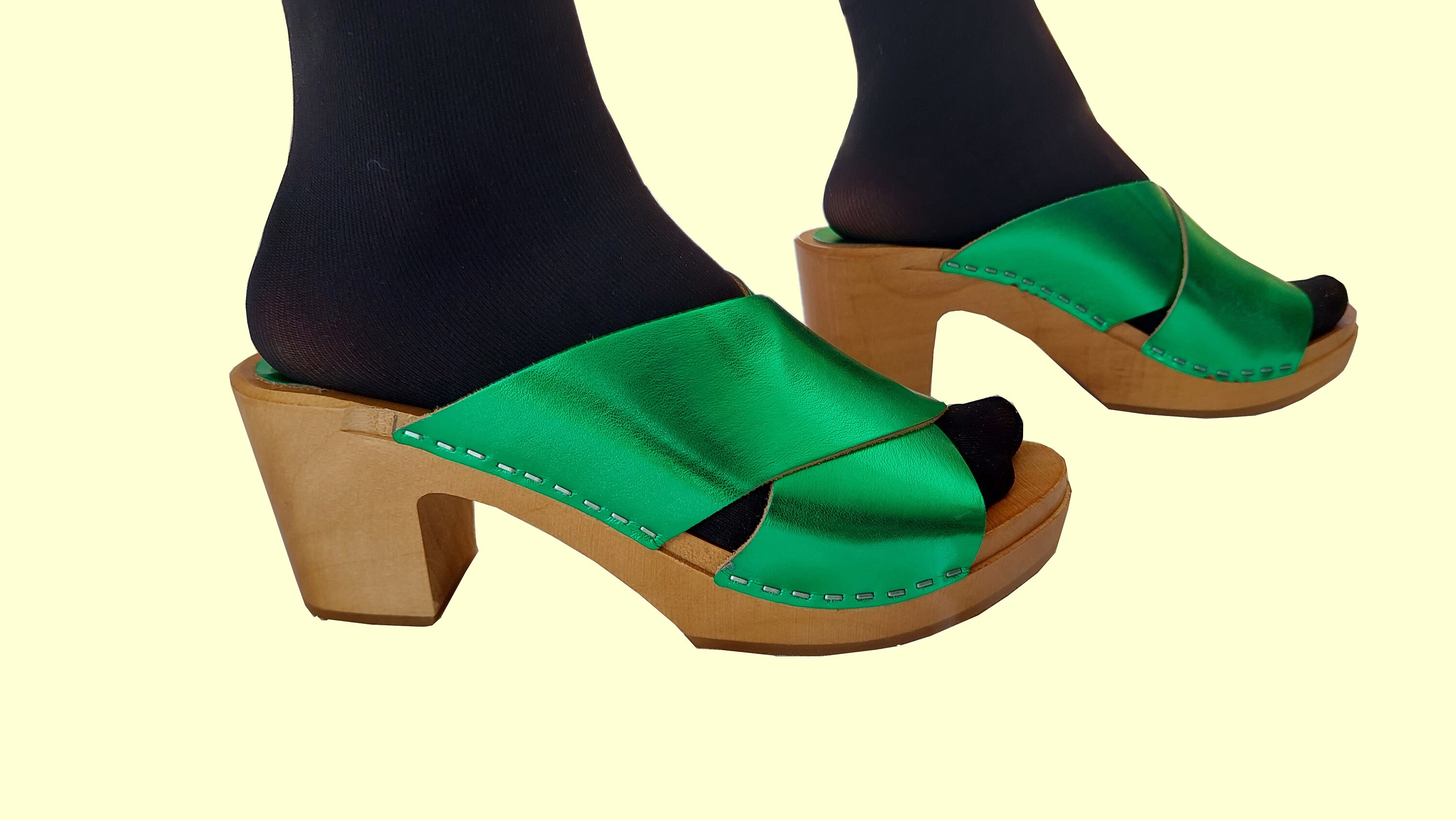 APARI Klogga High Heel Wooden Clogs From Cowhide Metallic Green Leather ...