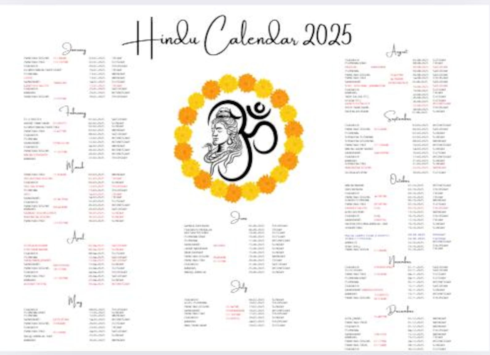 Hindu Calendar 2025 - 1 Page With All Hindu Festival Dates and Lunar ...