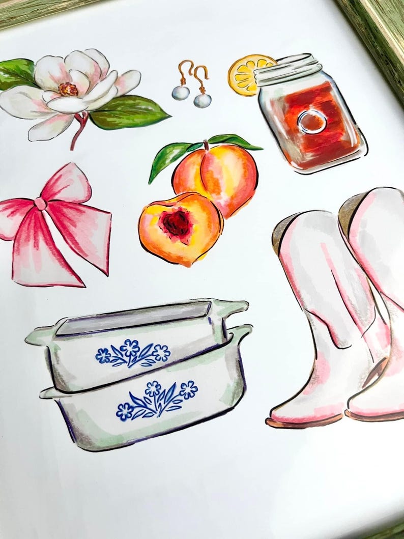 Southern Icons Art Print | Magnolia, Cowgirl Boots & Sweet Tea - Etsy
