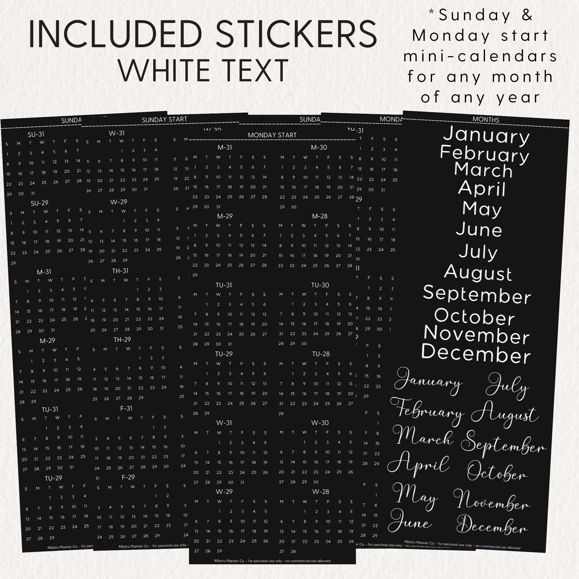 Mini CALENDAR DIGITAL STICKERS, Forever Perpetual Calendars for Digital ...