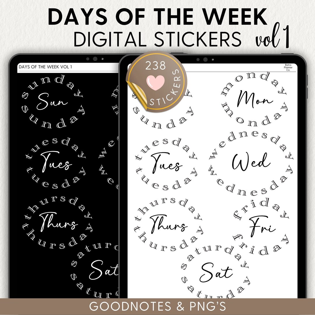 WEEKDAY DIGITAL STICKERS, Goodnotes Stickers, Days of the Week Planner ...