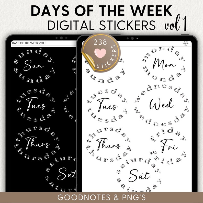 WEEKDAY DIGITAL STICKERS Noteful Goodnotes Stickers Days of the Week ...