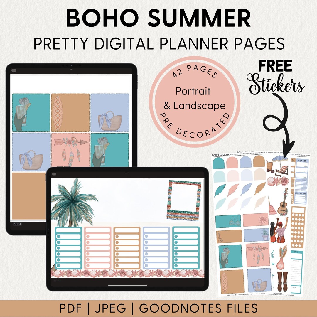 Pre-decorated DIGITAL PLANNER PAGES Boho Summer Noteful Goodnotes ...