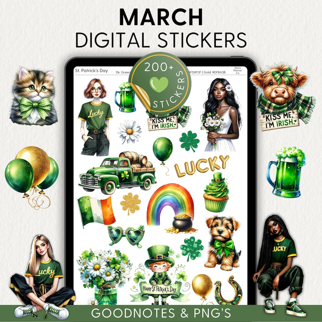 MARCH DIGITAL STICKERS, St Patrick's Day, Green, Goodnotes Sticker Book ...