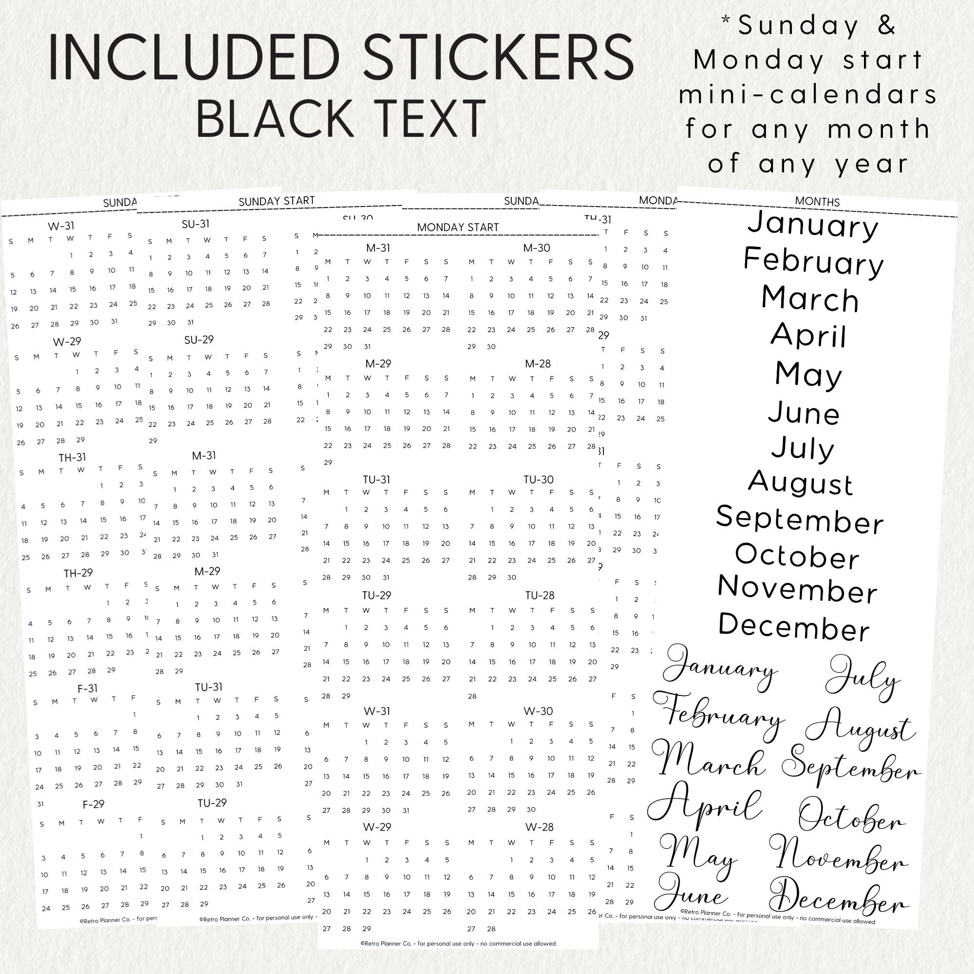 Mini CALENDAR DIGITAL STICKERS Forever Perpetual Calendars for Digital ...