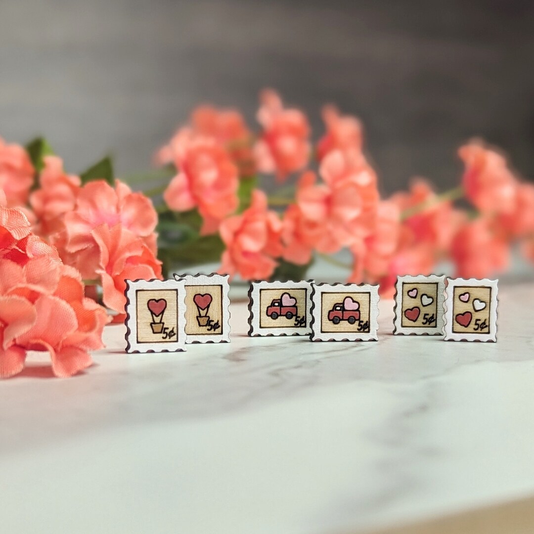 Valentine's Postage Stamp Wood Stud Earrings, Stud Earrings, Wooden ...