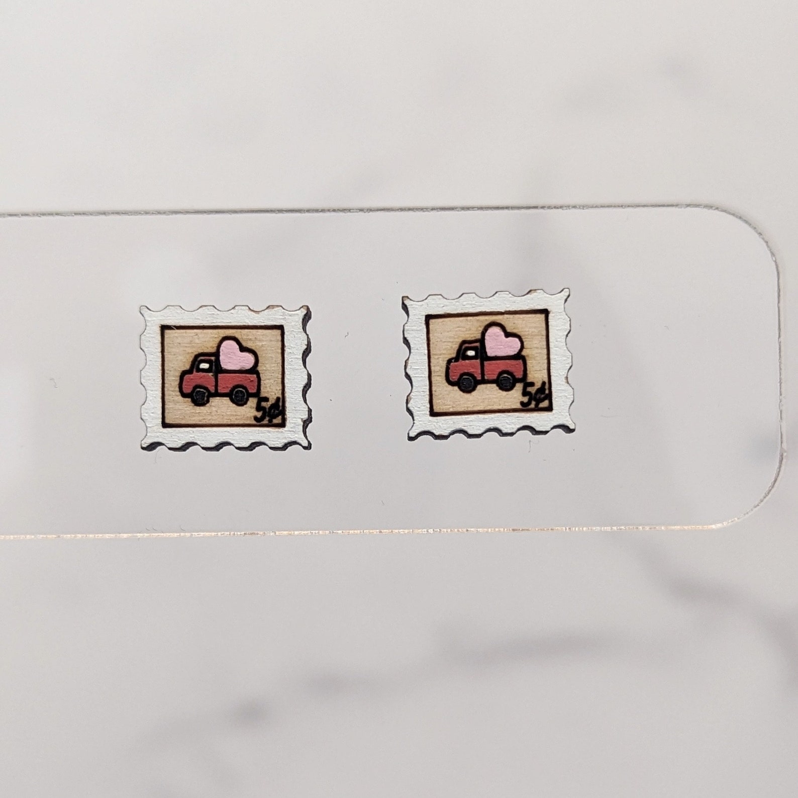 Valentine's Postage Stamp Wood Stud Earrings, Stud Earrings, Wooden ...