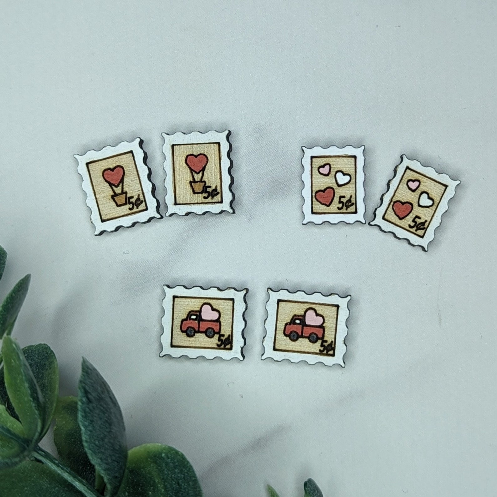 Valentine's Postage Stamp Wood Stud Earrings, Stud Earrings, Wooden ...
