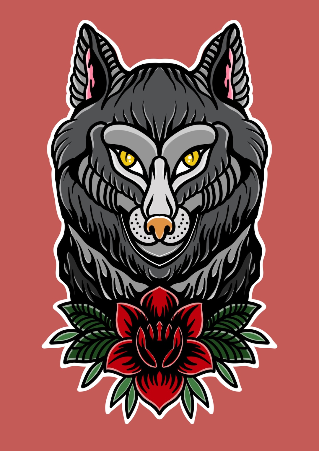 Tattoo Style Artwork of a Wolf and Rose Home Decor High Quality ...
