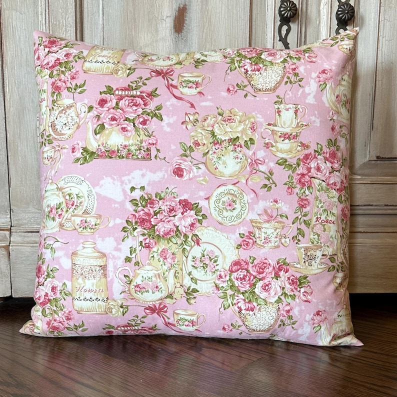 Pink Rose Garden Tea Party Pillow Cover, French Farmhouse, Cottage ...