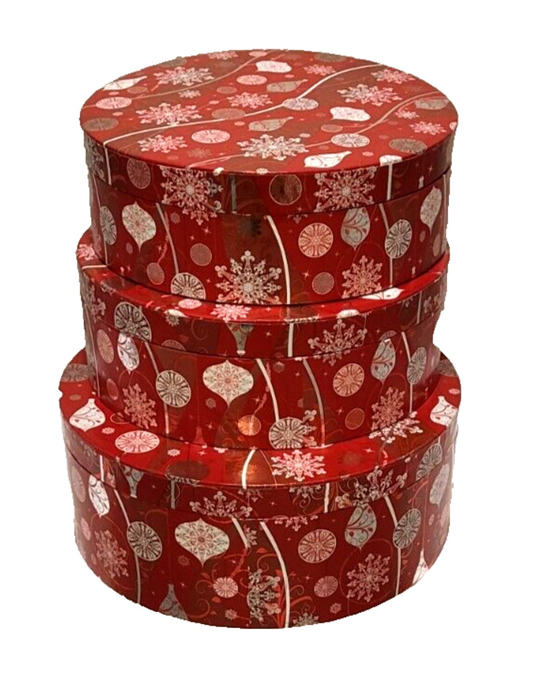 Three Stacking Round Storage Boxes Red With White Silver Snowflakes 12 ...