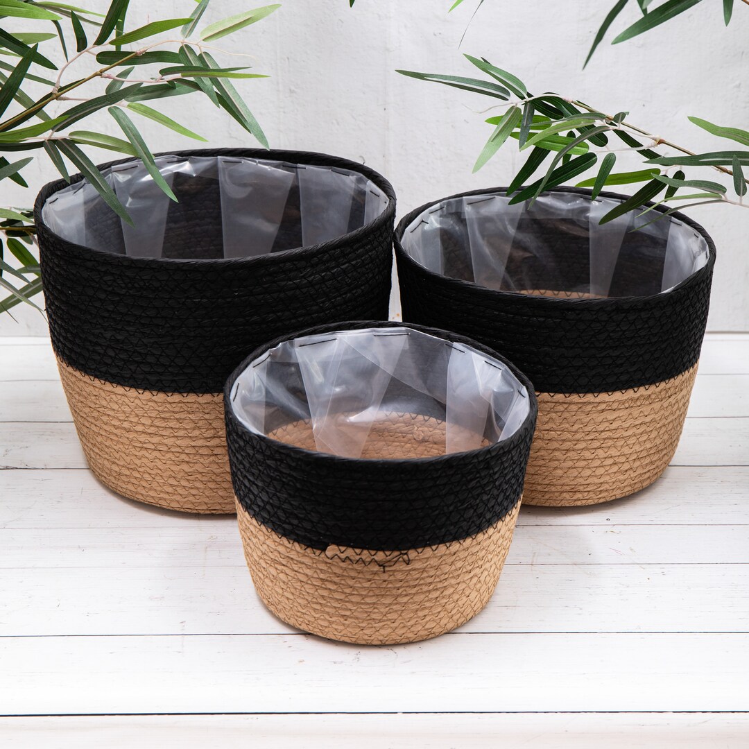 Natural & Black Woven Lined Storage Basket Flower Pot Large - Etsy UK