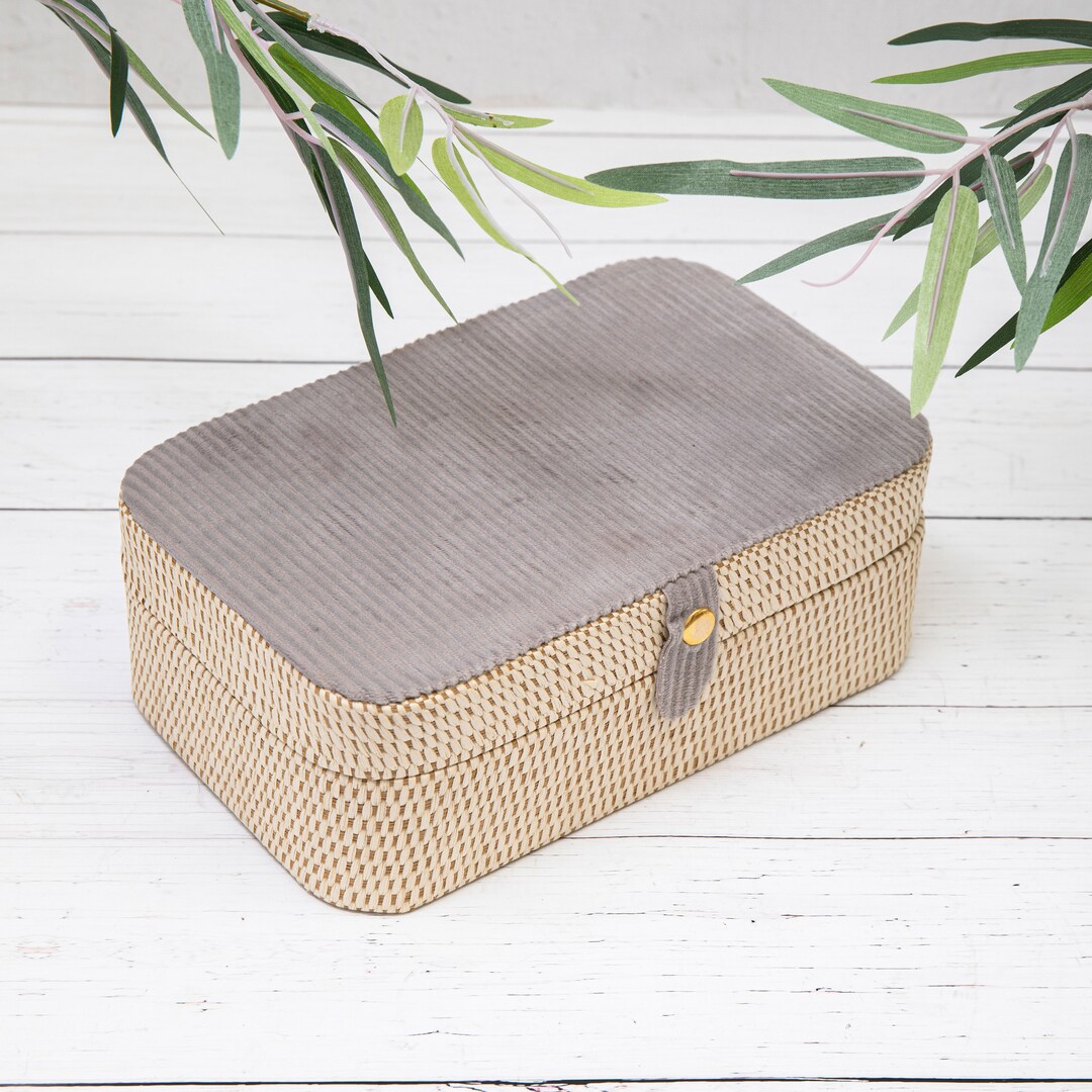 Fabric Jewellery Box Natural Weave Grey / Beige Mirror & Ring - Etsy UK