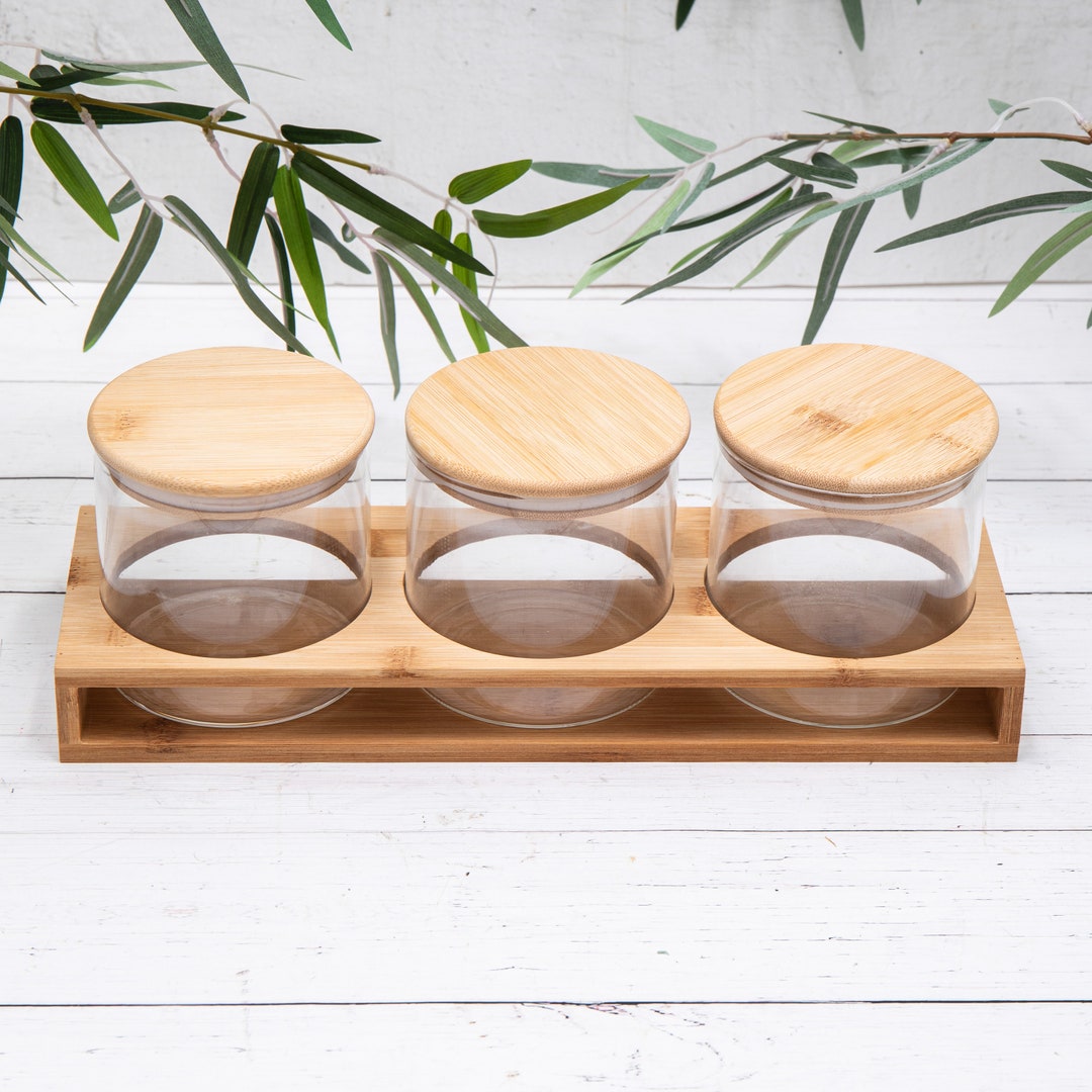 Set 3 Glass Tea Coffee Sugar / Herb Storage Jars Bamboo Lids - Etsy