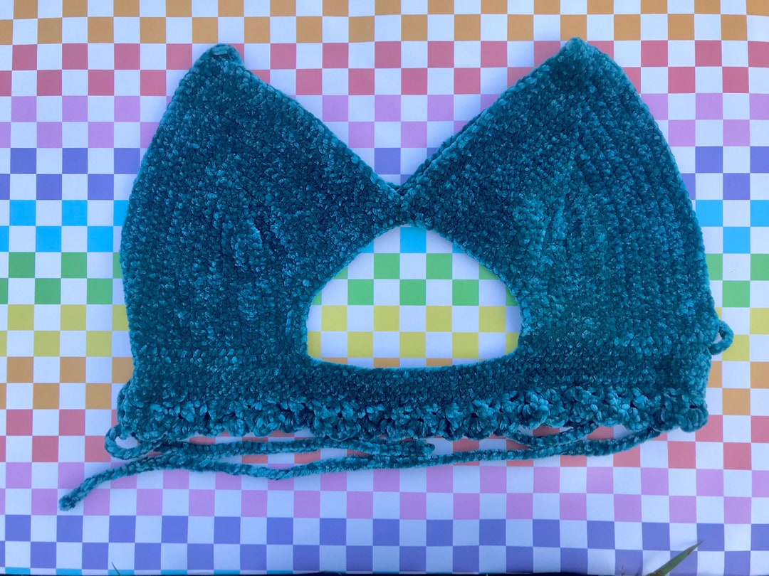 Teal Velvet Crochet Peek A Boob Top Etsy