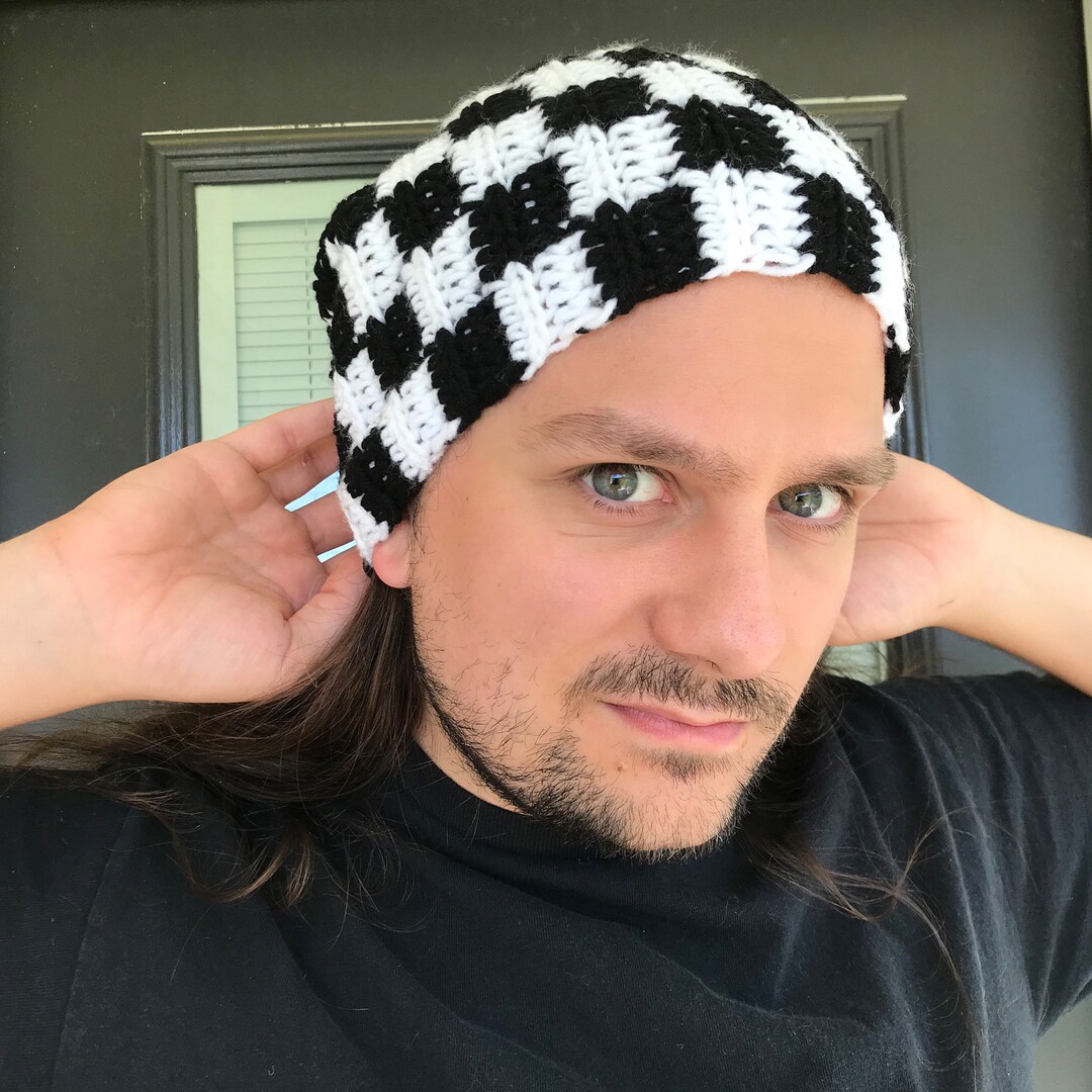 Black and White Crochet Checker Beanie LARGE - Etsy
