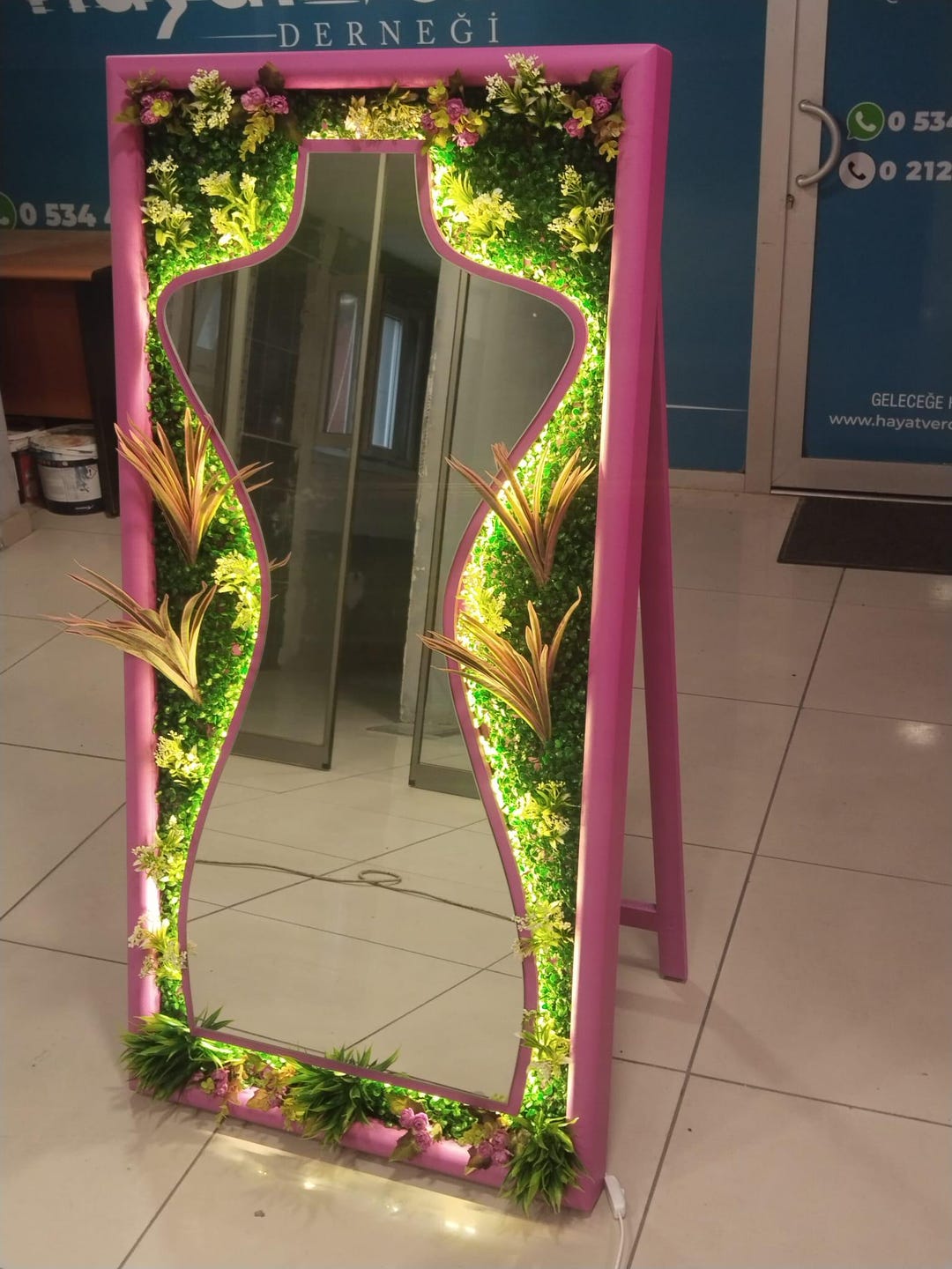Pink Body Shape Mirror With LED Lights & Floral Decor, Full Length ...