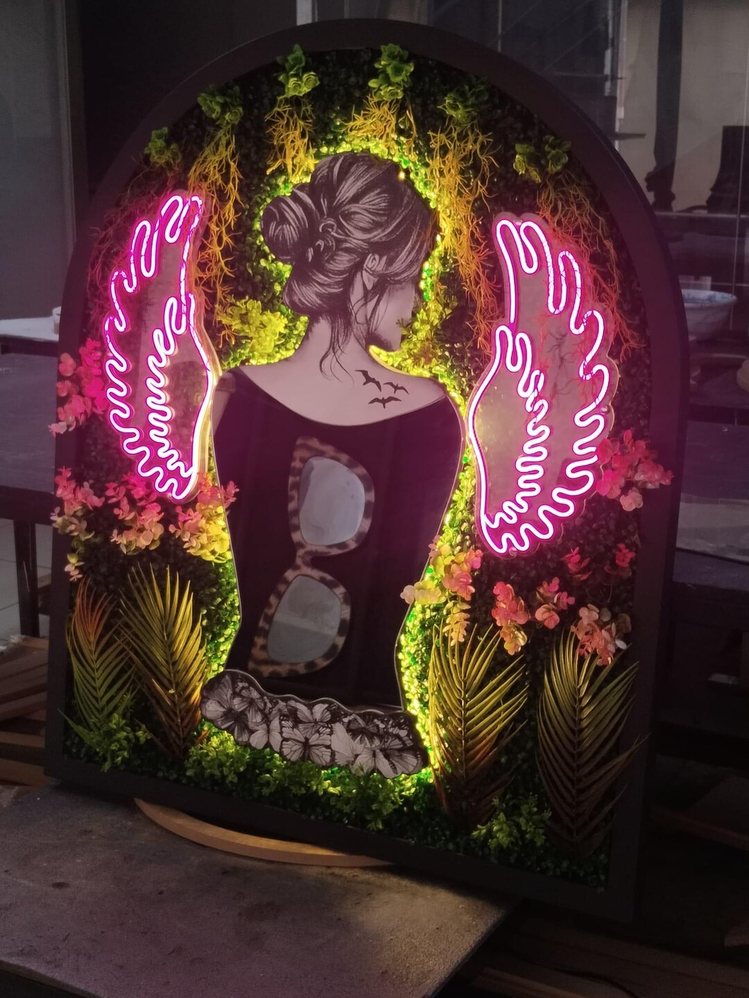 Handmade Neon Angel Wings Mirror, LED Wall Decor, Salon Beauty Mirror ...