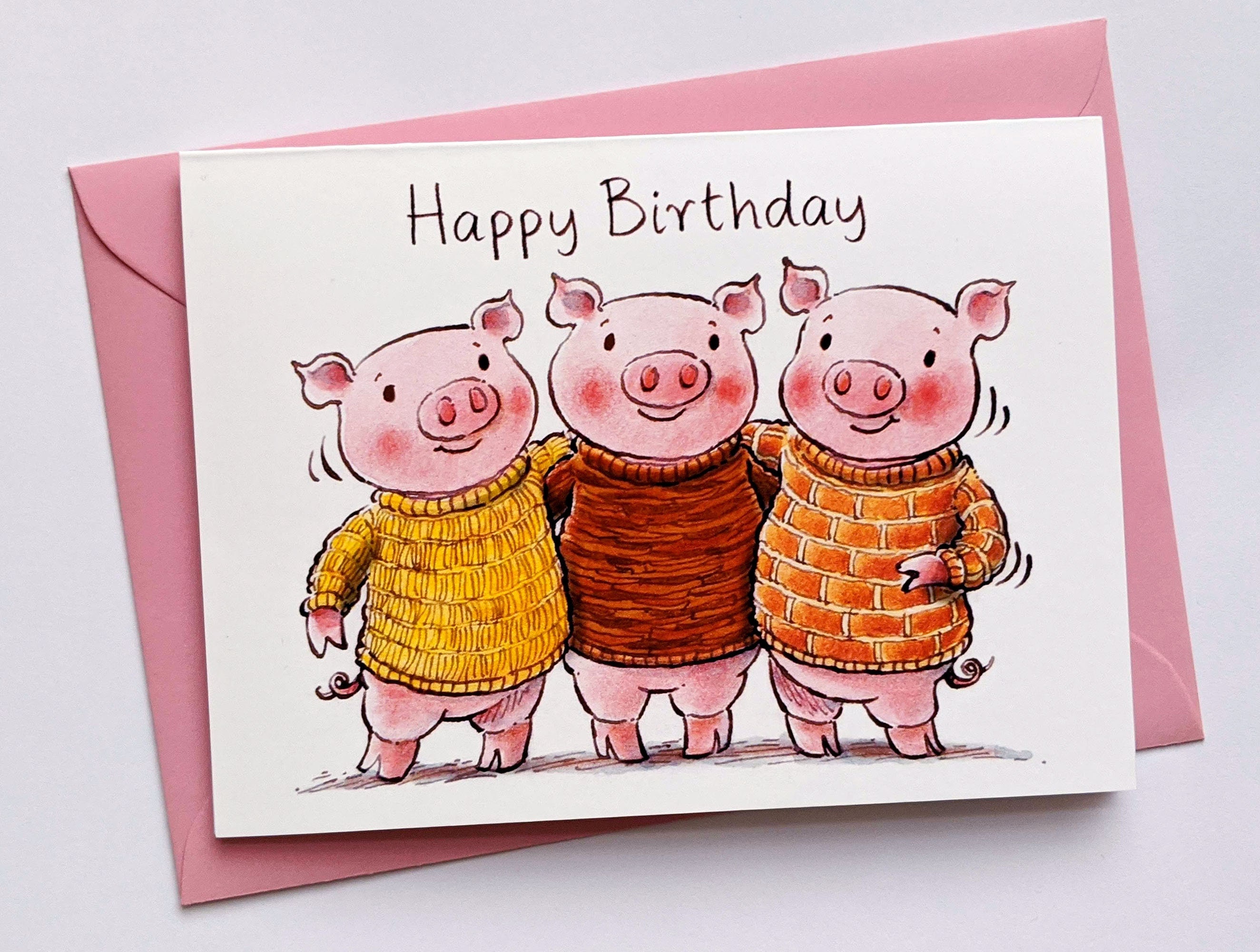 Three Little Pigs Birthday Card. A6 Illustrated Card - Etsy