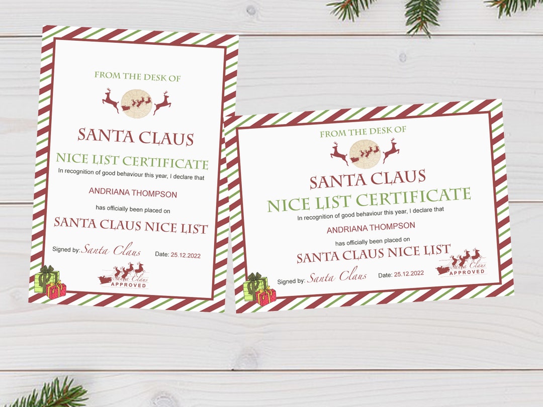 Editable Santa Claus Official Nice List Certificate Letter From Desk ...